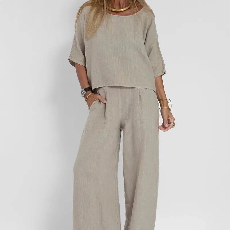 Summer Linen Trouser Suit - Ladies' Casual Short Sleeve Set - Shop Now ...