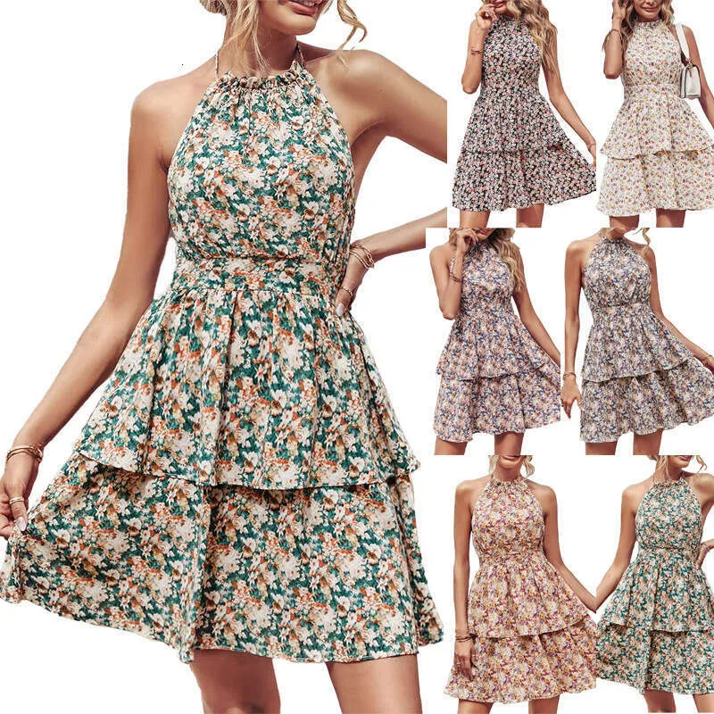 Women's Summer Printed Sleeveless Dress - Open Back, Hanging Neck ...
