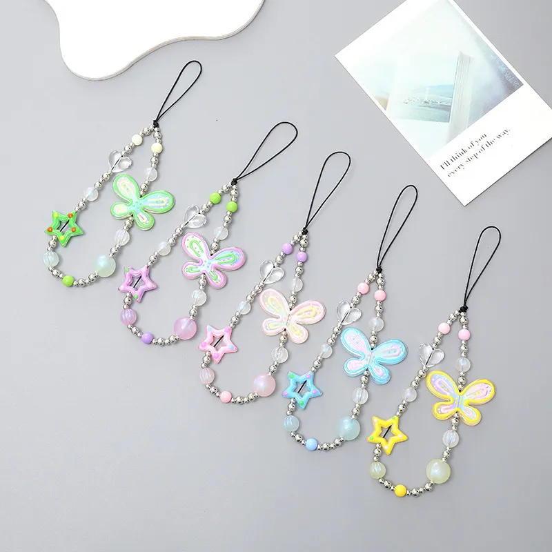 Beaded Cell Phone Strap with Butterfly Charm - Candy Color Phone Rope ...