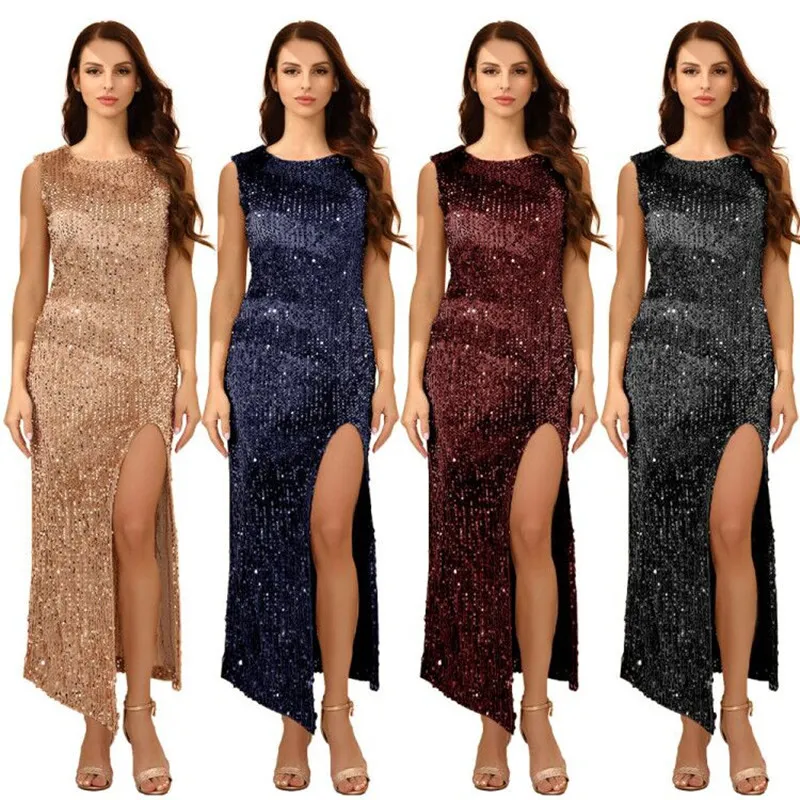 Women's Elegant Sequin Dress with Split Skirt - Pure Colors, Party ...
