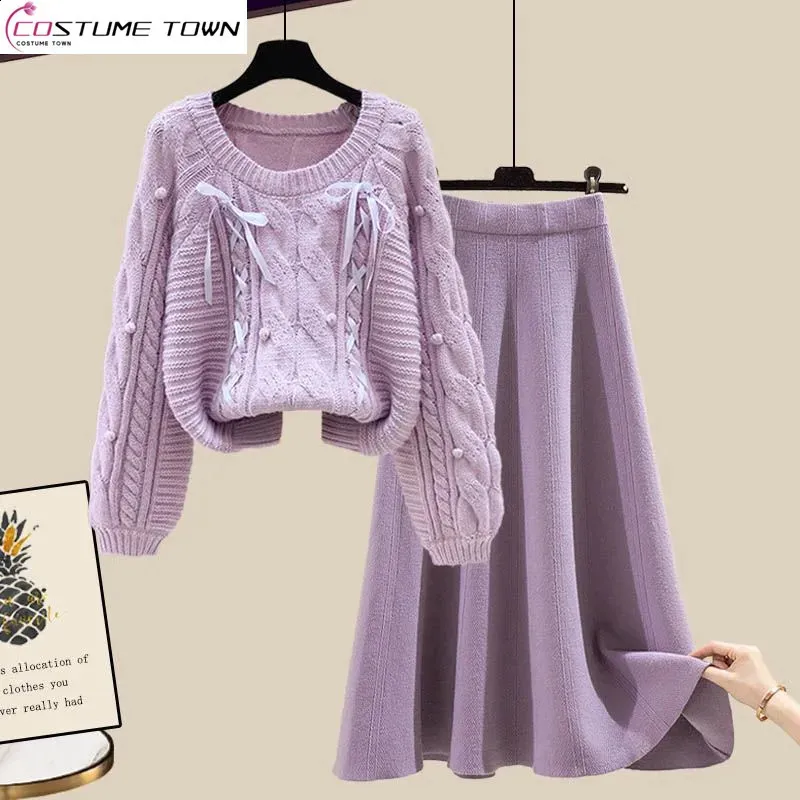 Two-Piece Sweater Set Womens Loose Short Acetate Knit Sweater and High ...
