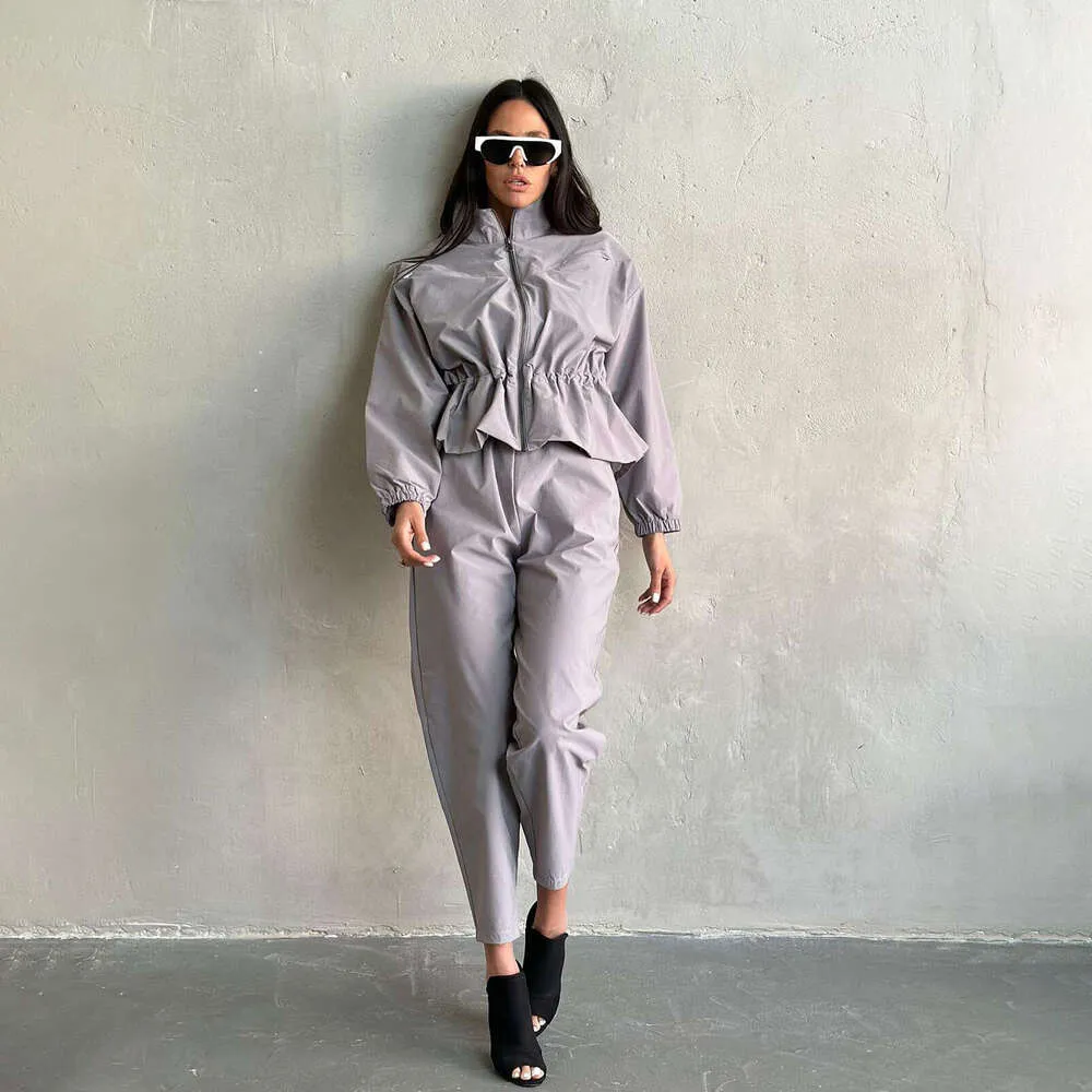 Women's Pleated Waist Cinching Jacket & Slim Pants Set - Stand Collar ...