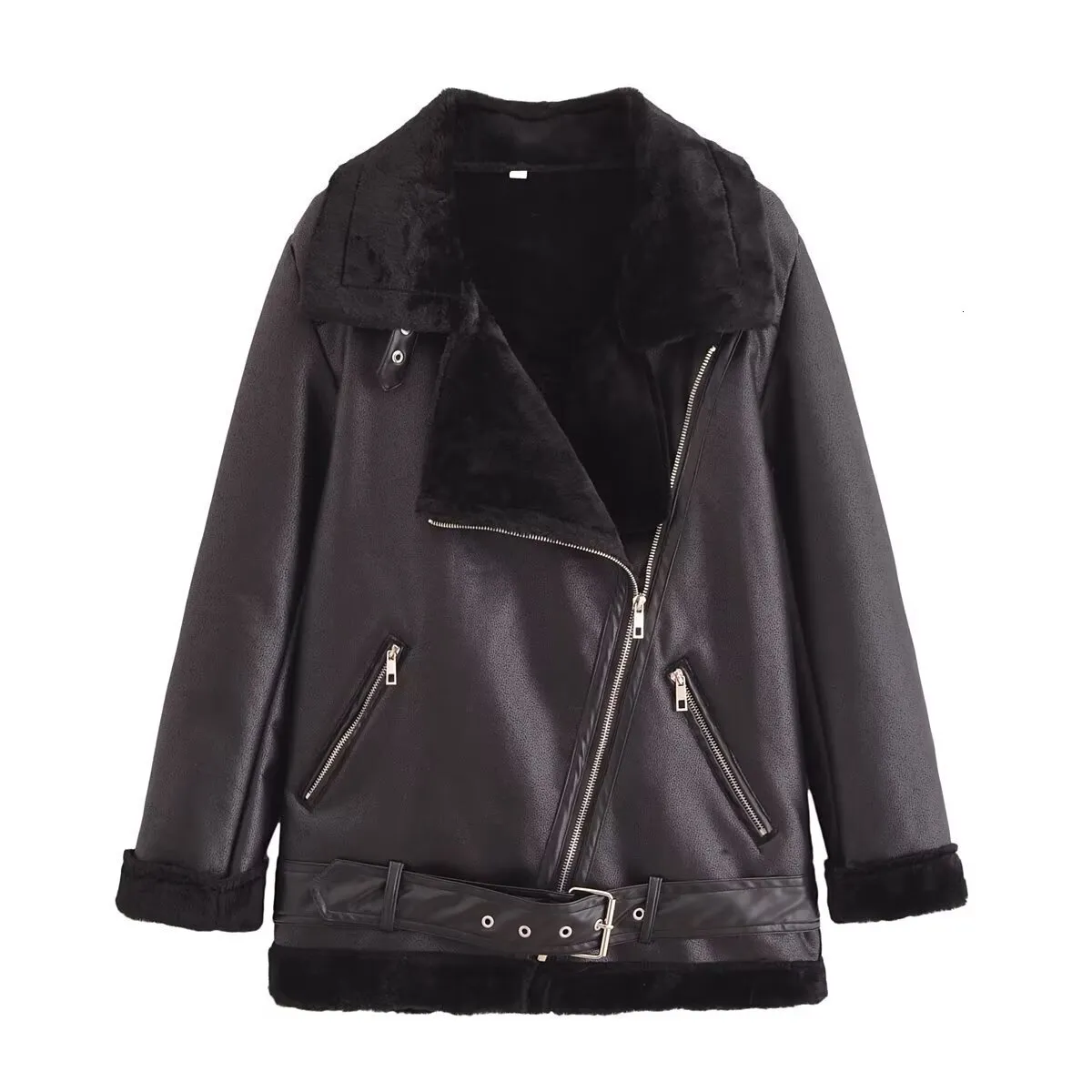 Women's Faux Leather Motorcycle Jacket with Fur Collar - Autumn ...