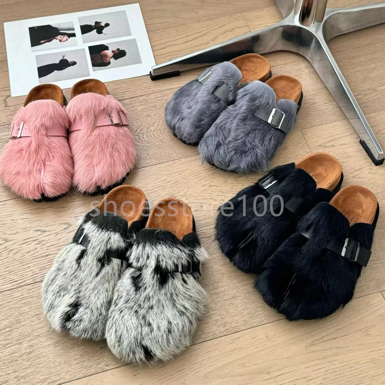 Women's Warm Winter Wool Mules - Furry Fluffy Shearling Slides Slippers ...