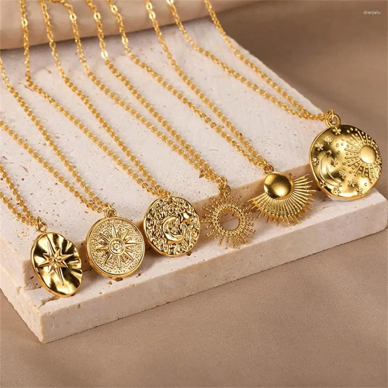 Pendant Necklaces Vintage Sun Moon Stars Round Necklace For Women Gold Color Stainless Steel Chain Fashion Jewelry Birthday