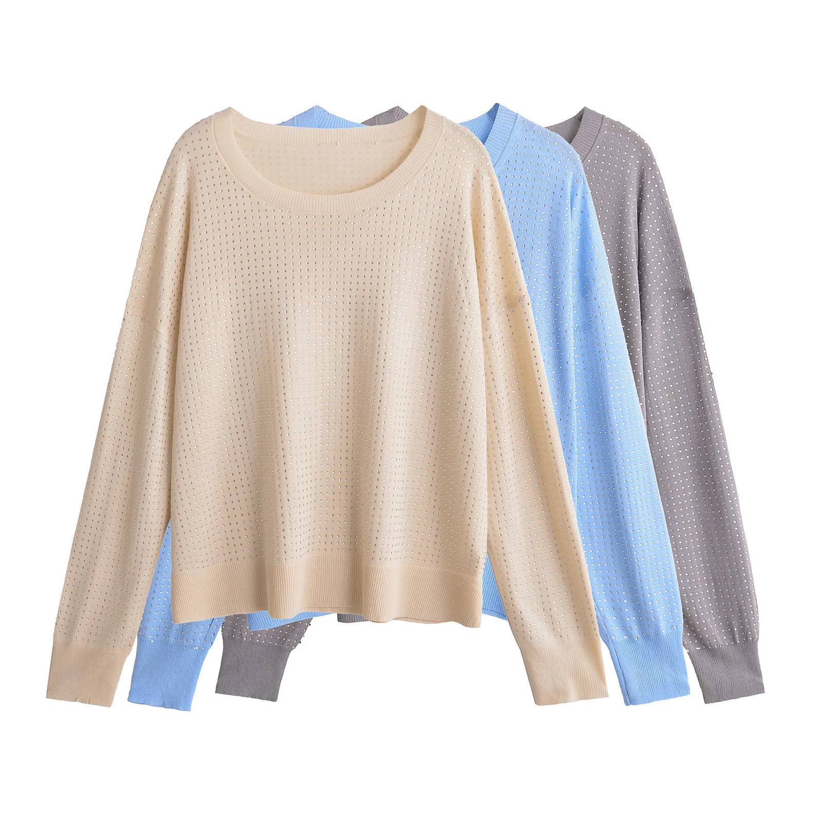 Womens Autumn Round Neck Knitted Sweater Top with Water Diamond ...
