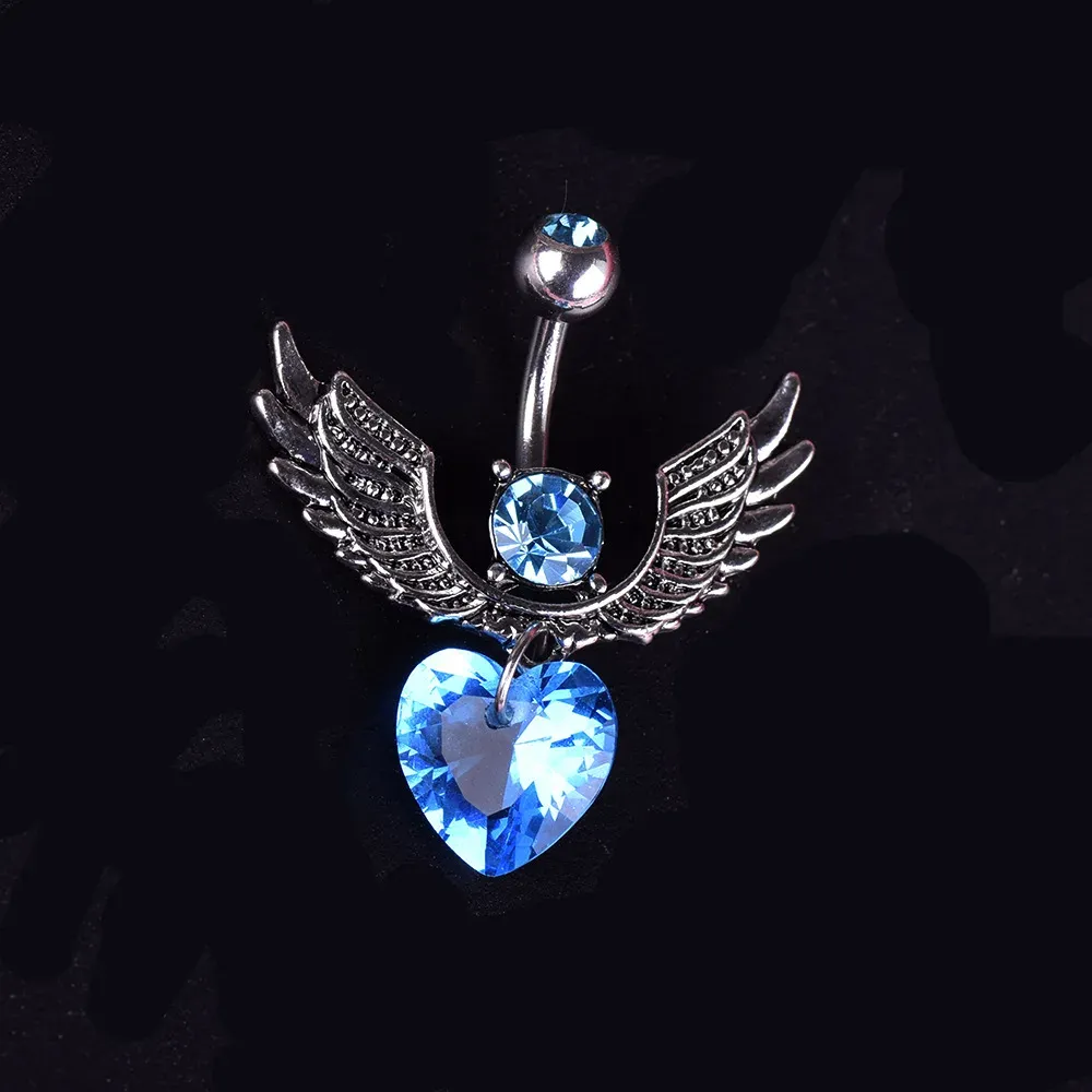 Lake Blue Heart Belly Ring Curved Barbell Navel Jewelry with Winged ...