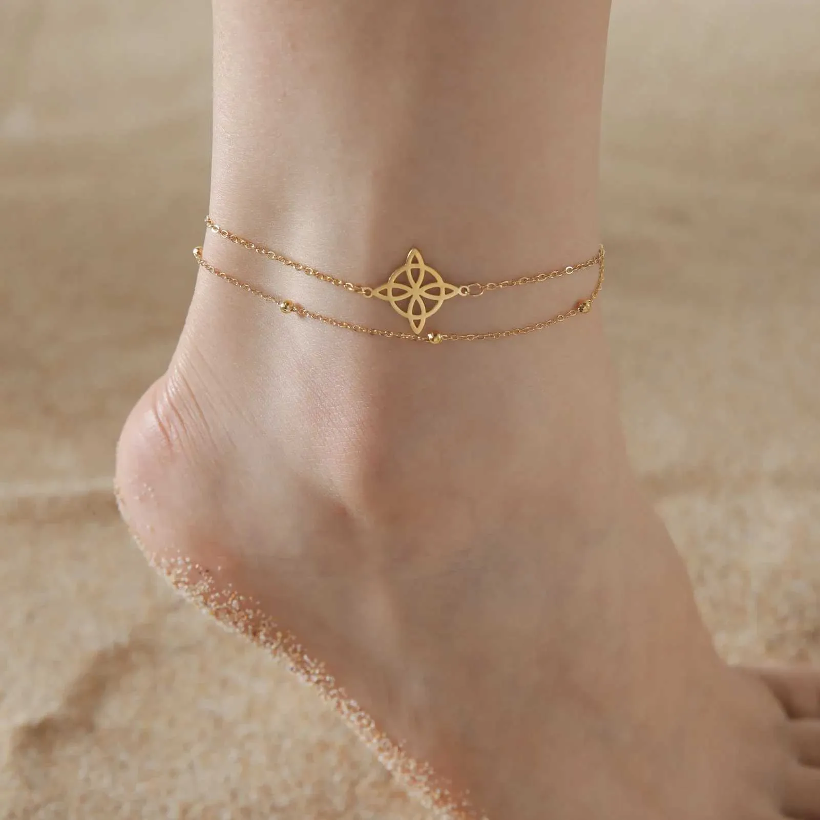 Stainless Steel Double Layer Witch Knot Anklet - Women's Ankle Bracelet ...