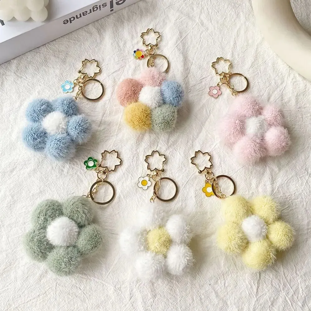 Plush Flower Keychain with Ball Bag - Soft Fluffy Backpack Charm ...