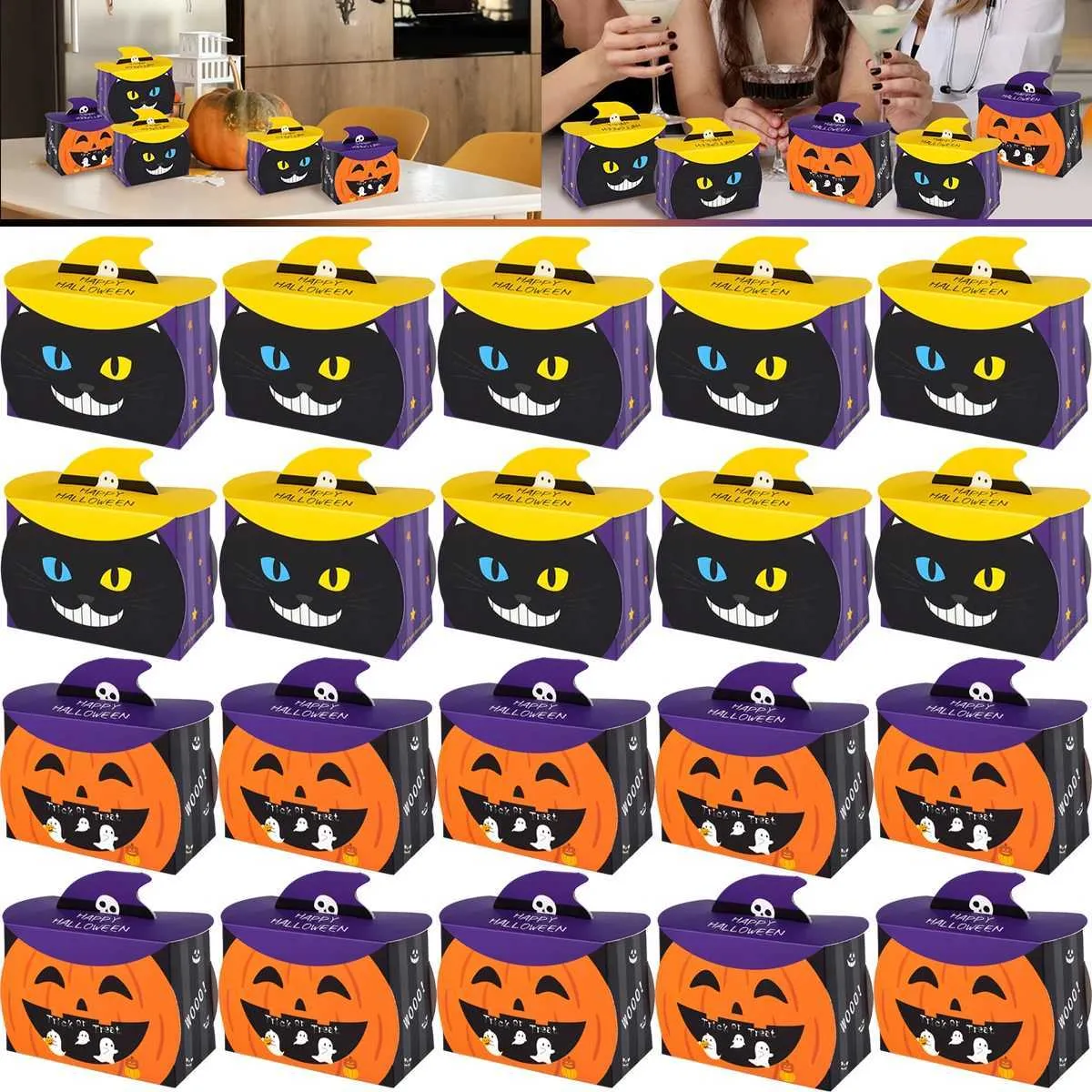 Halloween Treat Boxes - 10 Cute Candy Boxes with Cat, Pumpkin & Witch ...
