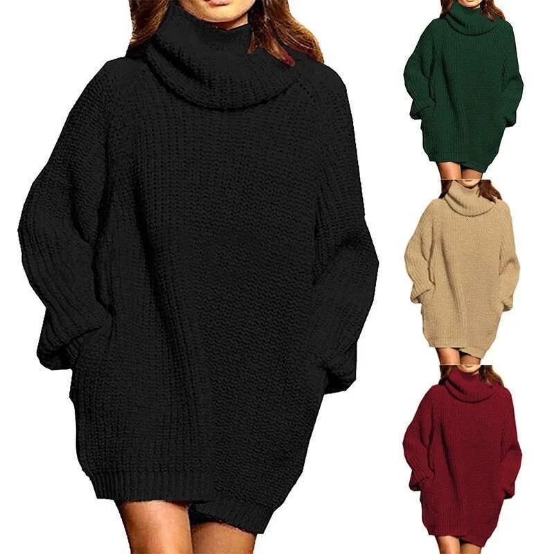 Women's Cozy Knitted Sweater Dress - Long Sleeve, High Collar, Pocket ...