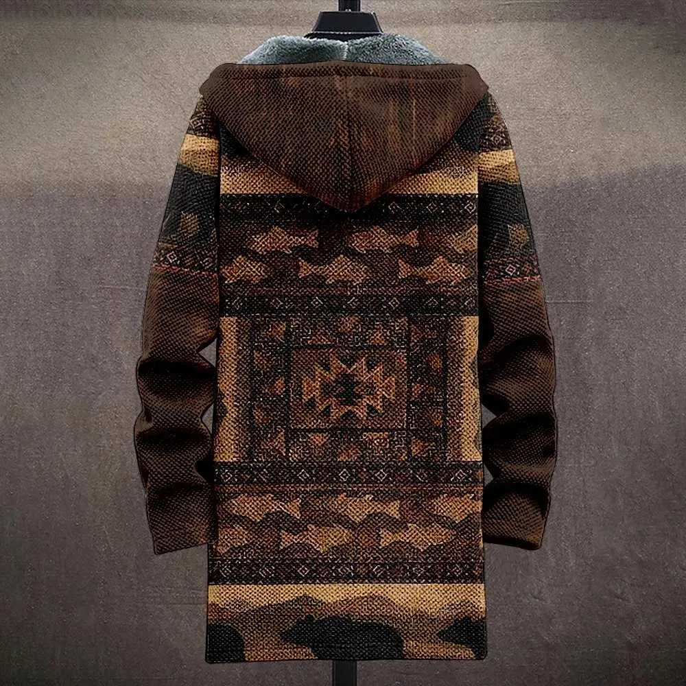 Men's Long Wool-Lined Jacket Cardigan with Printed Retro Aztec Graphics ...