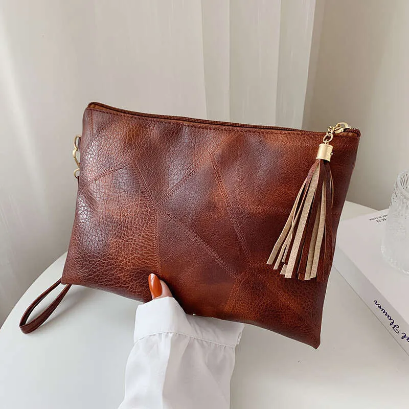 Vintage Litchi Embossed Tassel Clutch Soft Leather Handbags Purse With ...