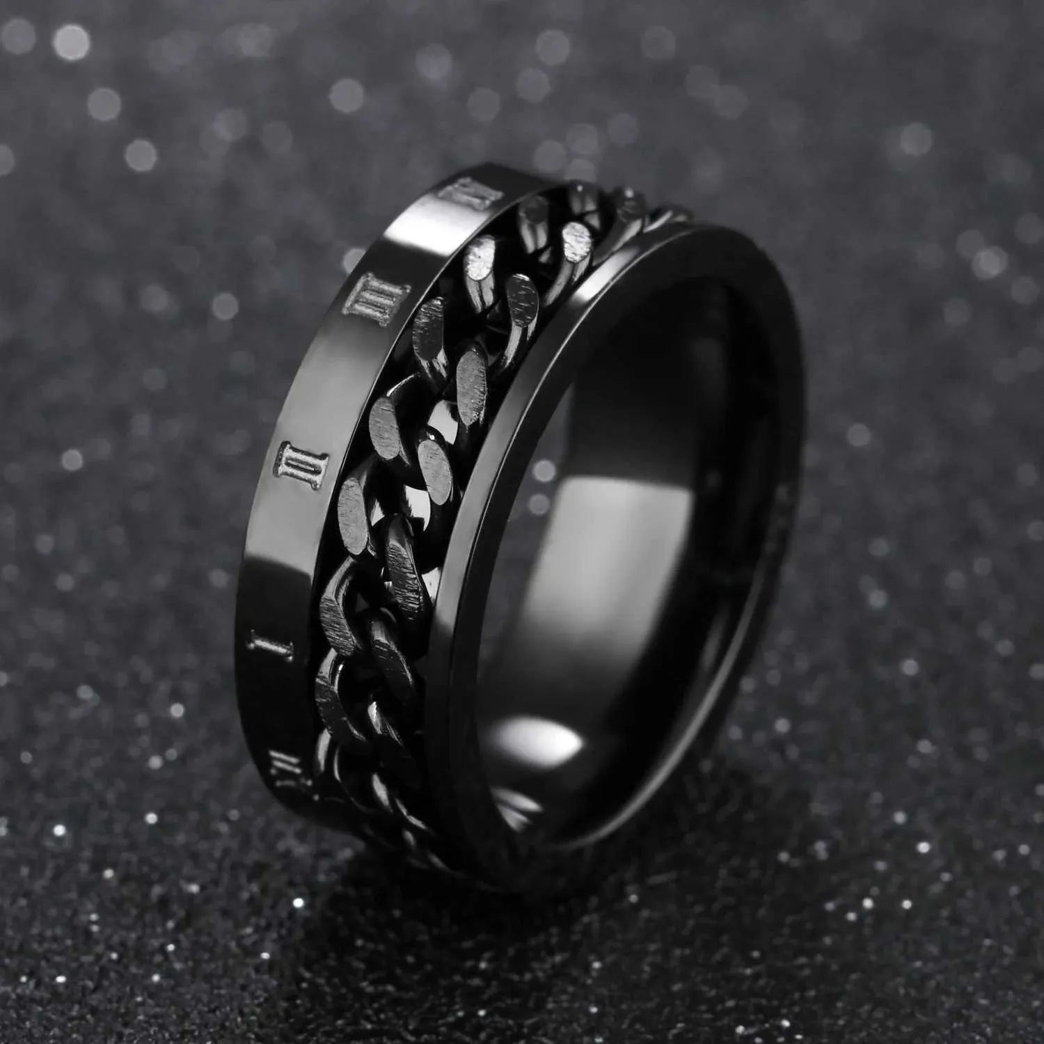 Stainless Steel Roman Numerals Chain Self Defence Ring For Men Rotating ...