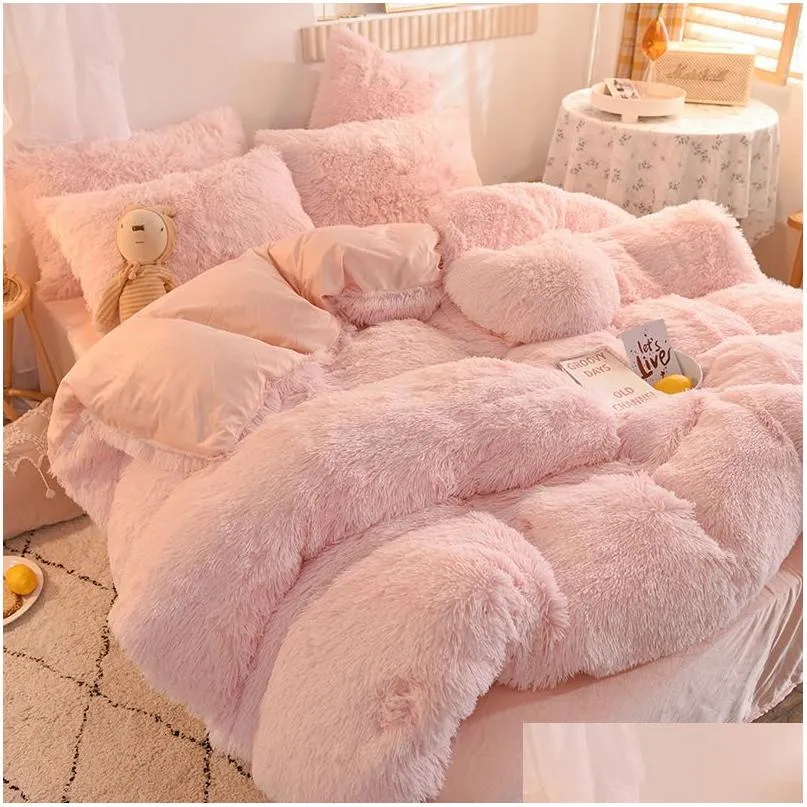 DHgate Luxury Pink Mink Fleece Bedding Set Warm Winter Duvet Cover with Sheets Queen Size Home Garden