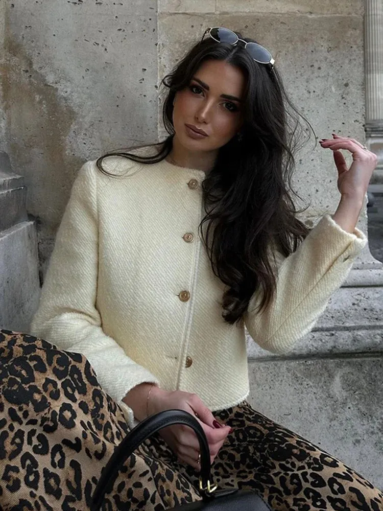 Autumn elegant coarse woolen jacket womens retro wool single breasted O ...