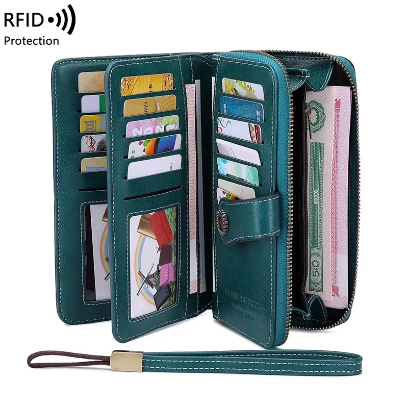 Women's RFID Shield Leather Large Capacity Zipper Wallet with Wrist ...