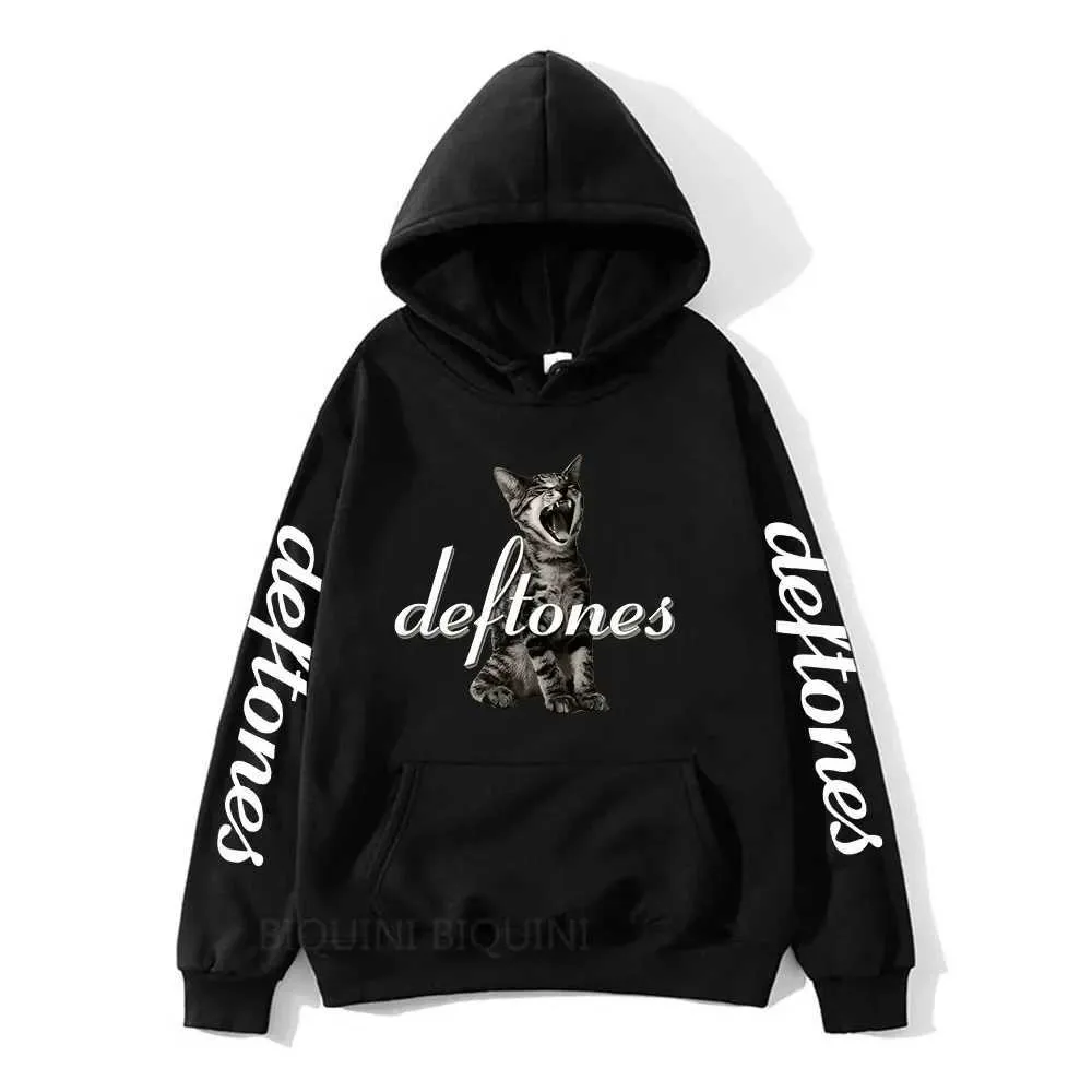 Deftones Cat Graphic Print Fleece Hoodie - Black - Men & Women - Casual ...