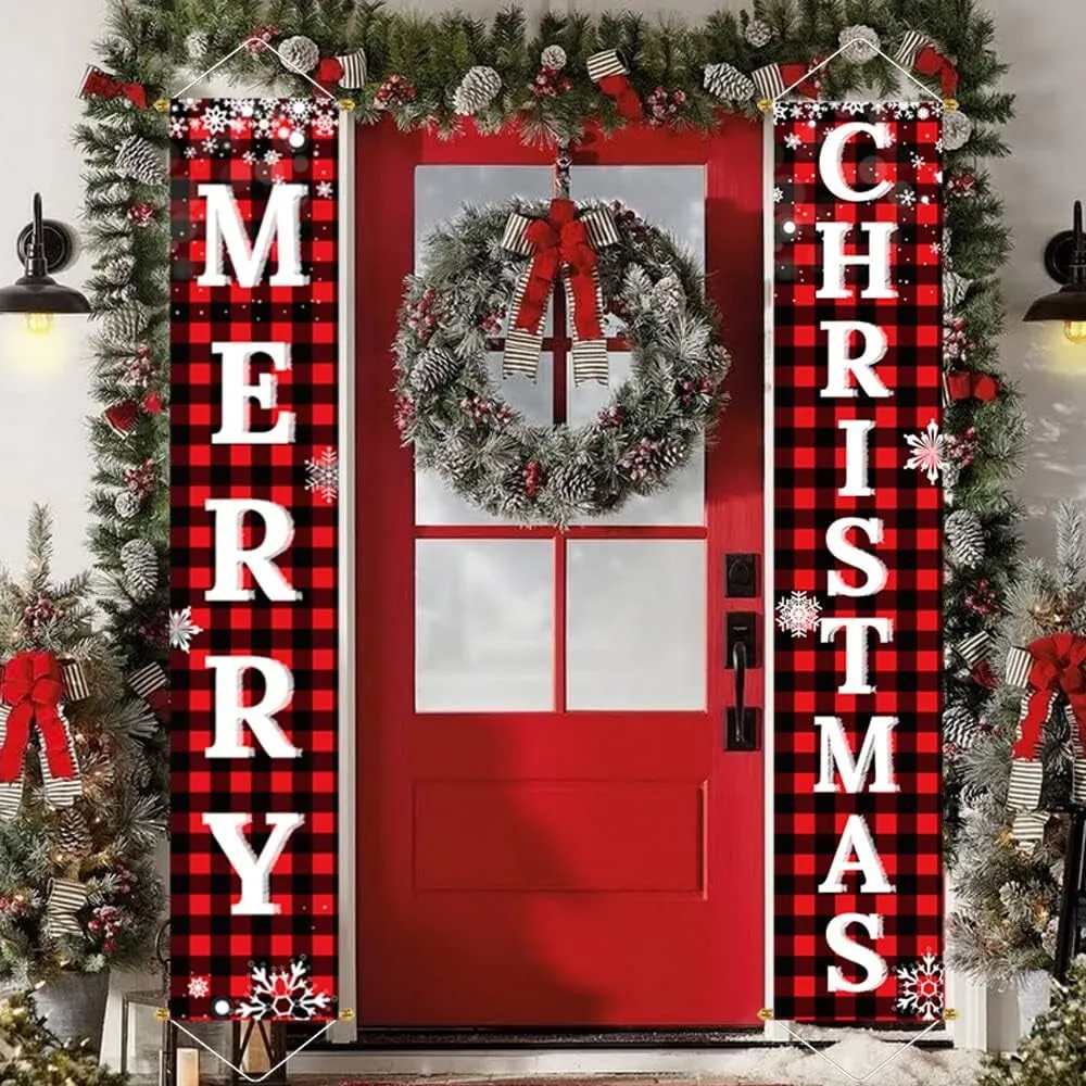 Ivenf Porch Sign Set Red Black Buffalo Plaid Christmas Banner Hanging ...