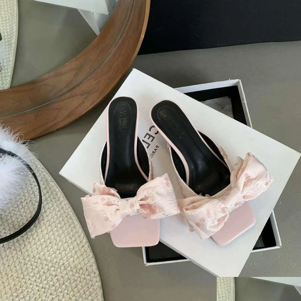 French Evening Style Butterfly Bow Bow Slippers Low Heel, Open Toed ...