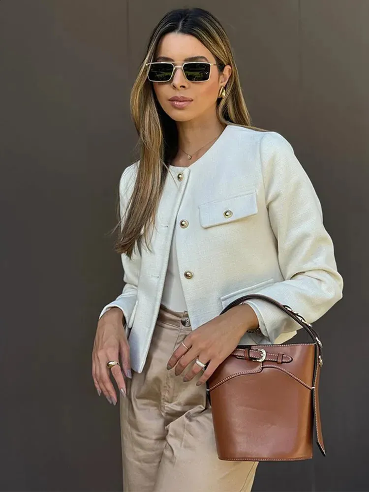 Autumn and winter coarse woolen womens jacket round neck long sleeved ...