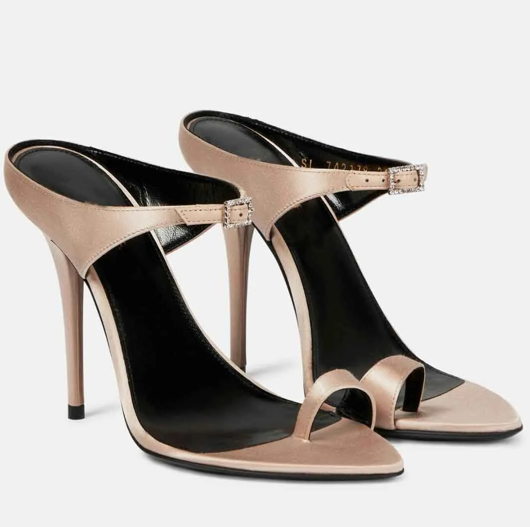 Women's Rhinestone Buckle Satin Mules - Elegant High Heel Dive Sandals ...