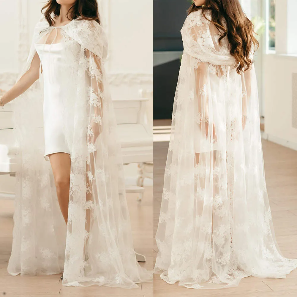 Custom Appliqued Lace Bridal Wrap Jacket with Hooded Cloak & Long Veil ...