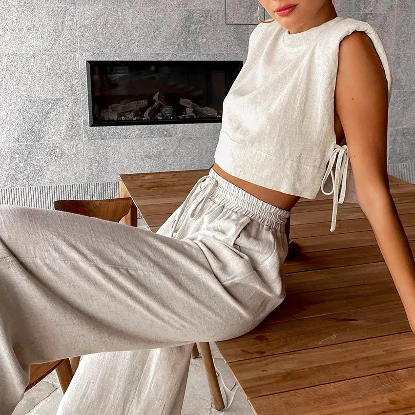 Women's Summer Linen Pant Set - Lace Up Crop Top & Elastic Waist Long ...