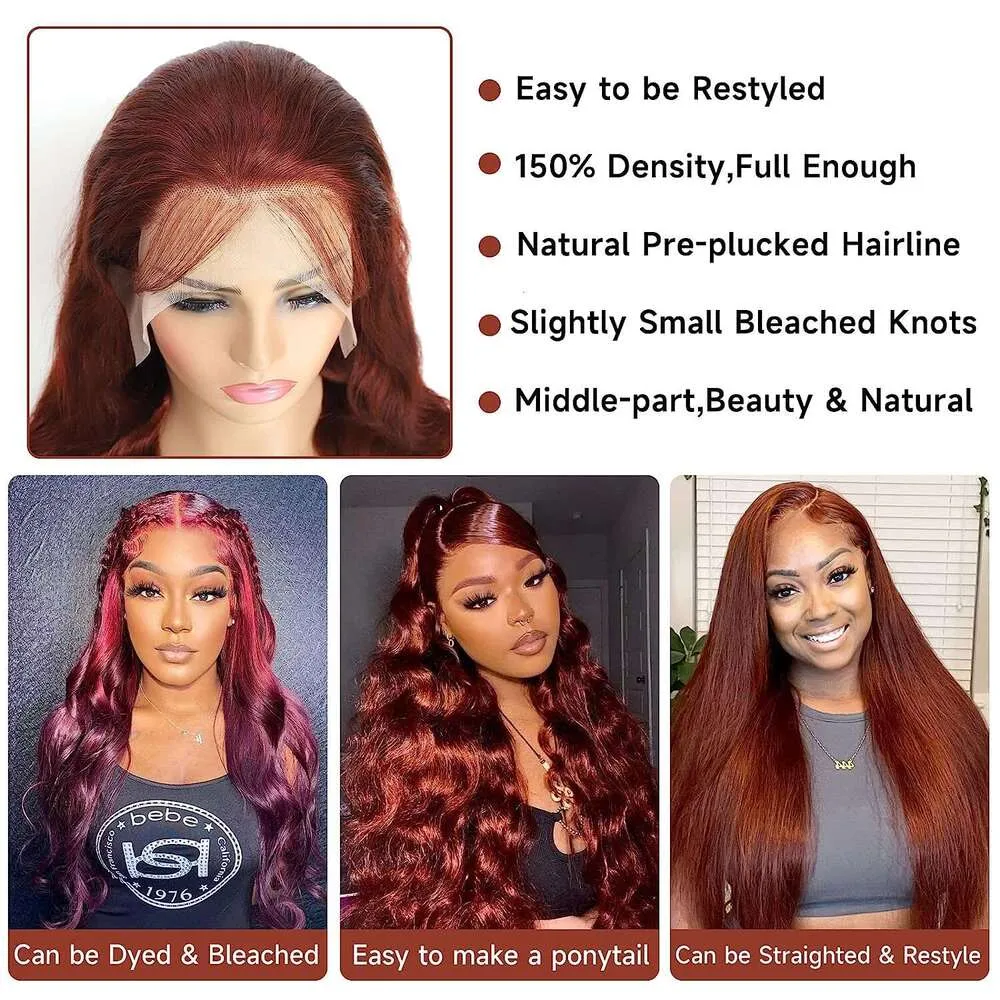 HD Lace Front Wig Human Hair Red Brown Body Wave 30-40 Inch Brazilian ...