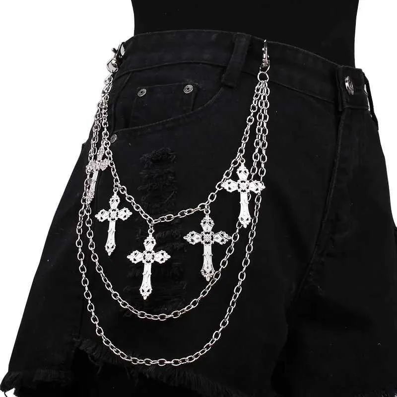 Layered Cross Pendant Waist Chain - Silver Metal Body Chain for Women ...