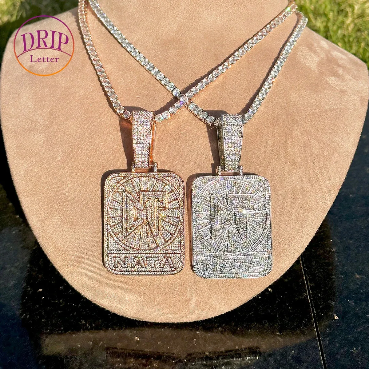 Men's Iced Out Drip Letter CT NATA Pendant Necklace - Real Gold Plated ...