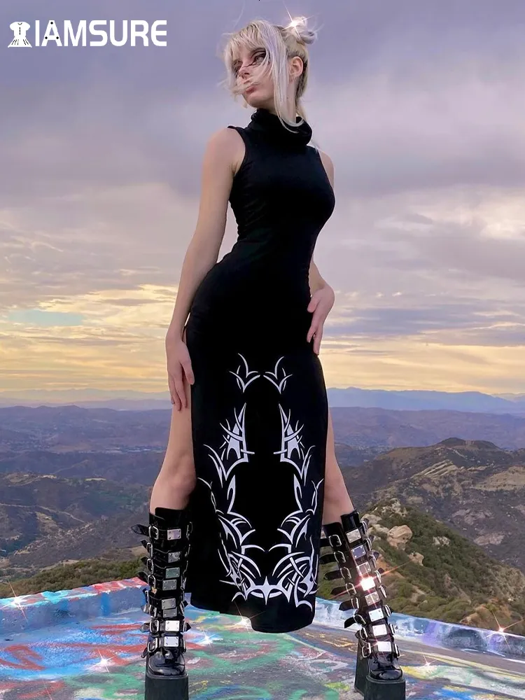 IAMSURE Split Side Dress Gothic Sexy Slim Turtleneck Sleeveless Long ...