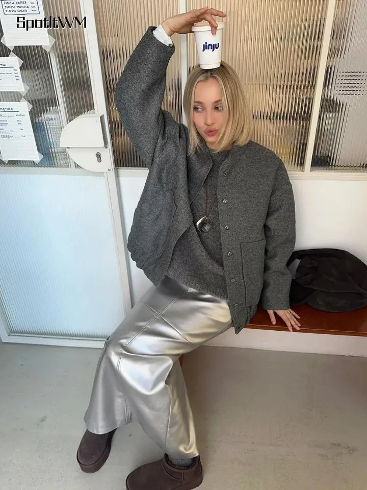 Women's Grey Cotton Long Sleeve Hidden Buckle Jacket - Casual Loose ...