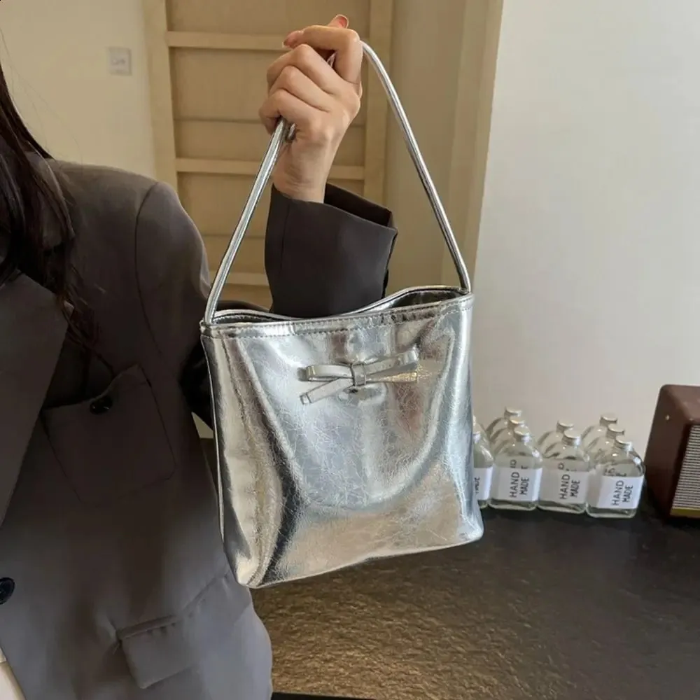 Korean Style Bow Tote Bag - Large Capacity PU Leather Underarm Bucket ...