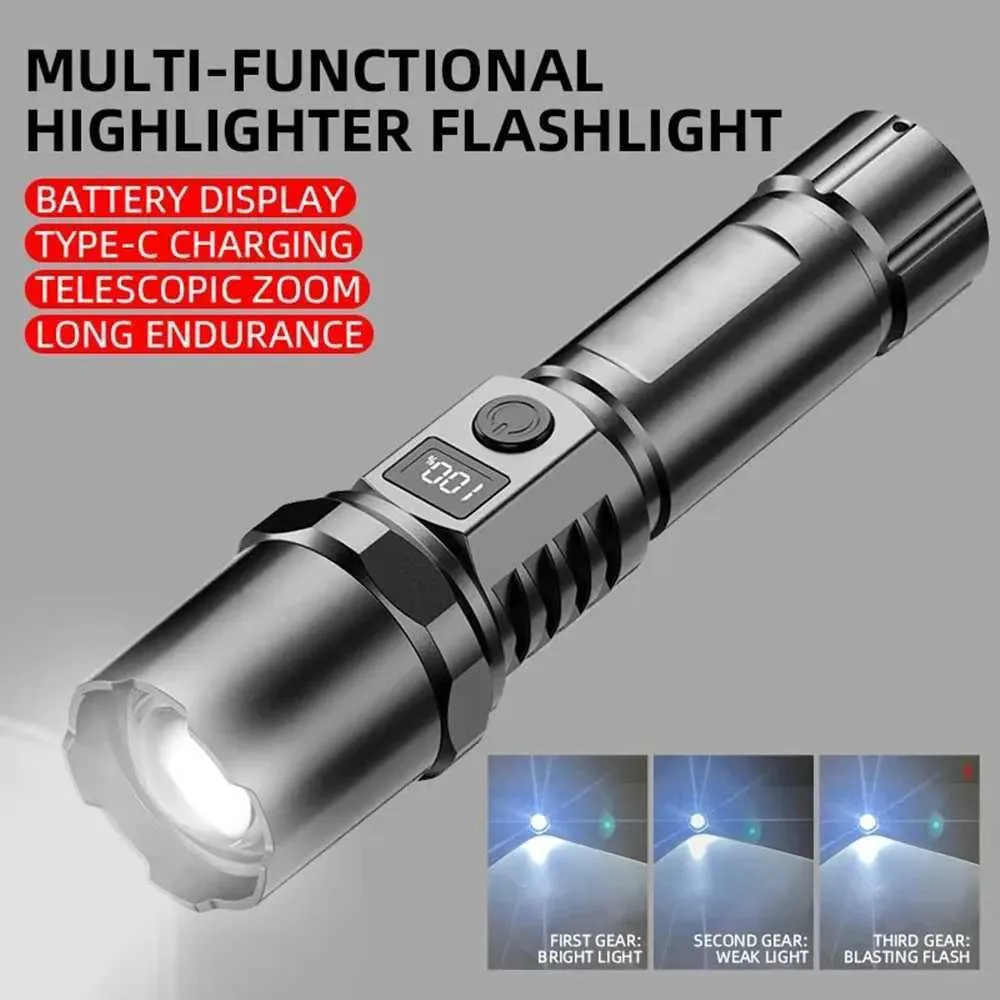 High power LED flashlight with 100-200 m range, shock resistant, USB ...