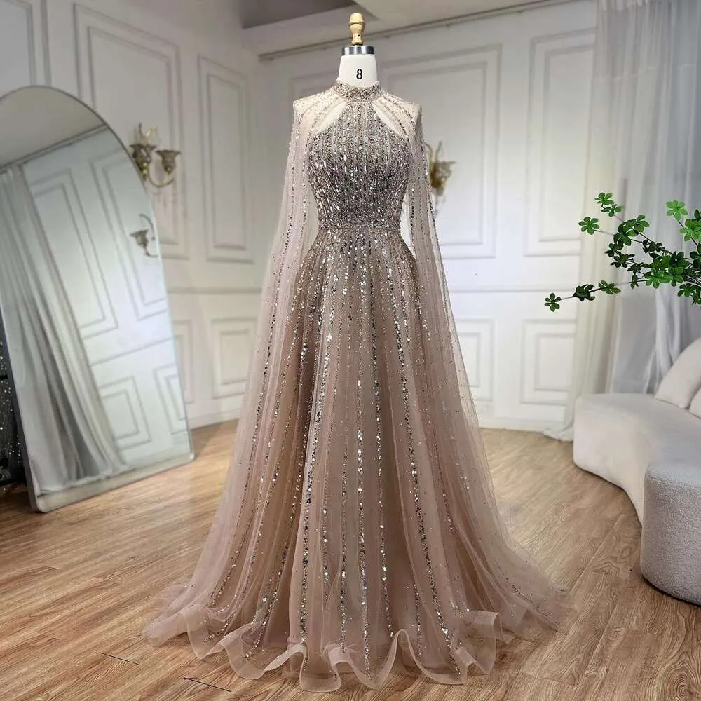 Cape Sleeve Gown, Elegant Beaded Evening Dress Caramel Formal Gown With ...