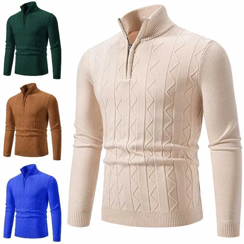 New Knitted Sweaters Mens Solid Color Warm Zipper Collar Fashion Slim ...