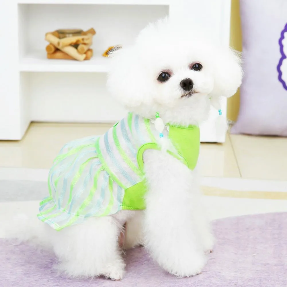 Breezy Mesh Dog Dress: Striped Print, Button Decor, Ruffled Hem ...