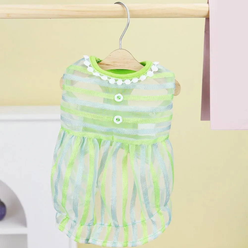 Breezy Mesh Dog Dress: Striped Print, Button Decor, Ruffled Hem ...
