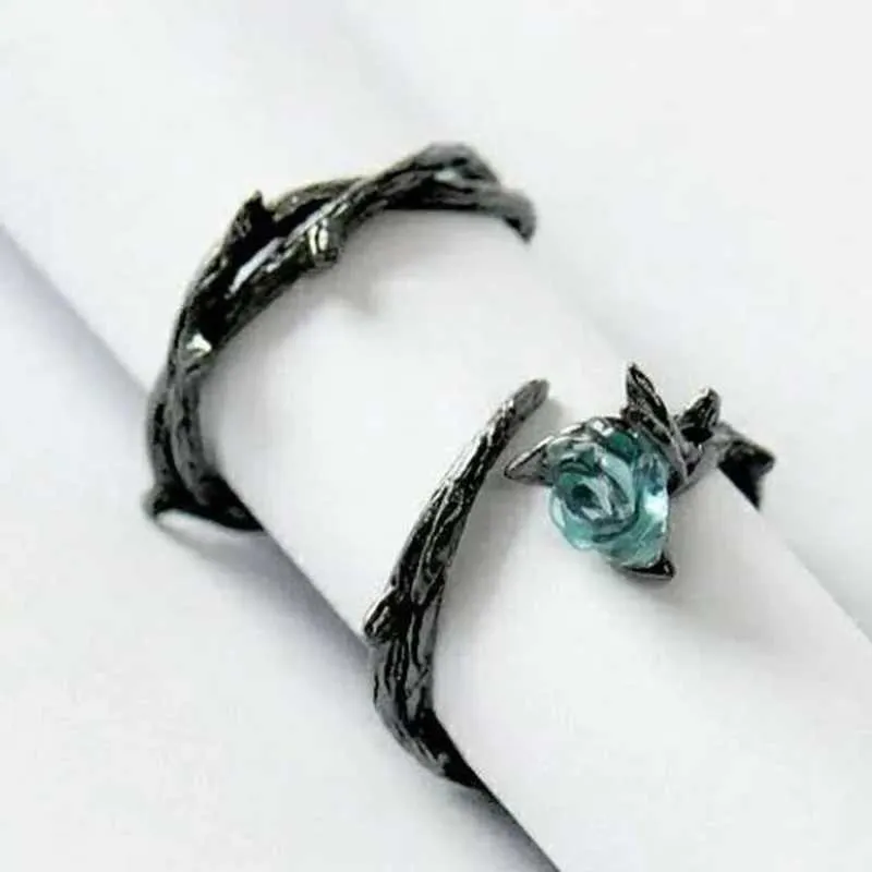 Gothic Black Thorns Punk Couple Rings with Blue Crystal Rose - Mens ...