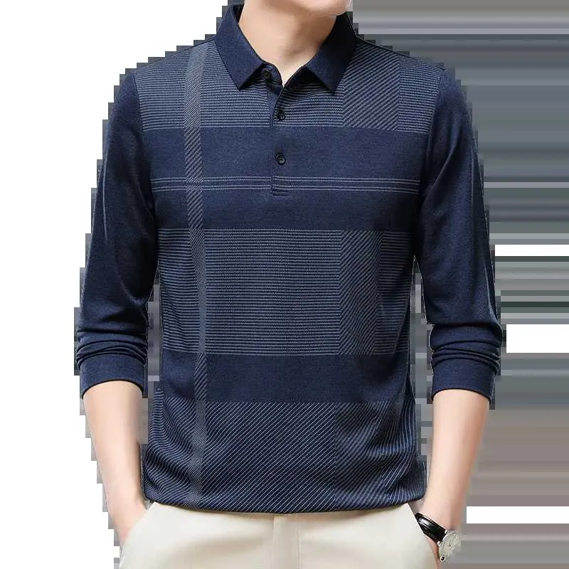Men's Checkered Long Sleeve Polo Shirt - Silk Cotton Blend, Versatile ...