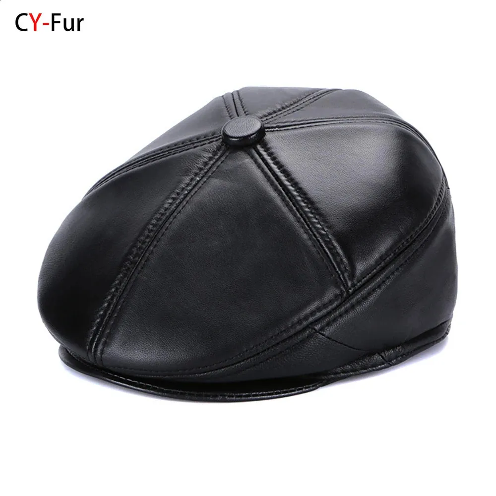 Men's Genuine Sheepskin Leather Beret - Black Duckbill Winter Warm Hat ...