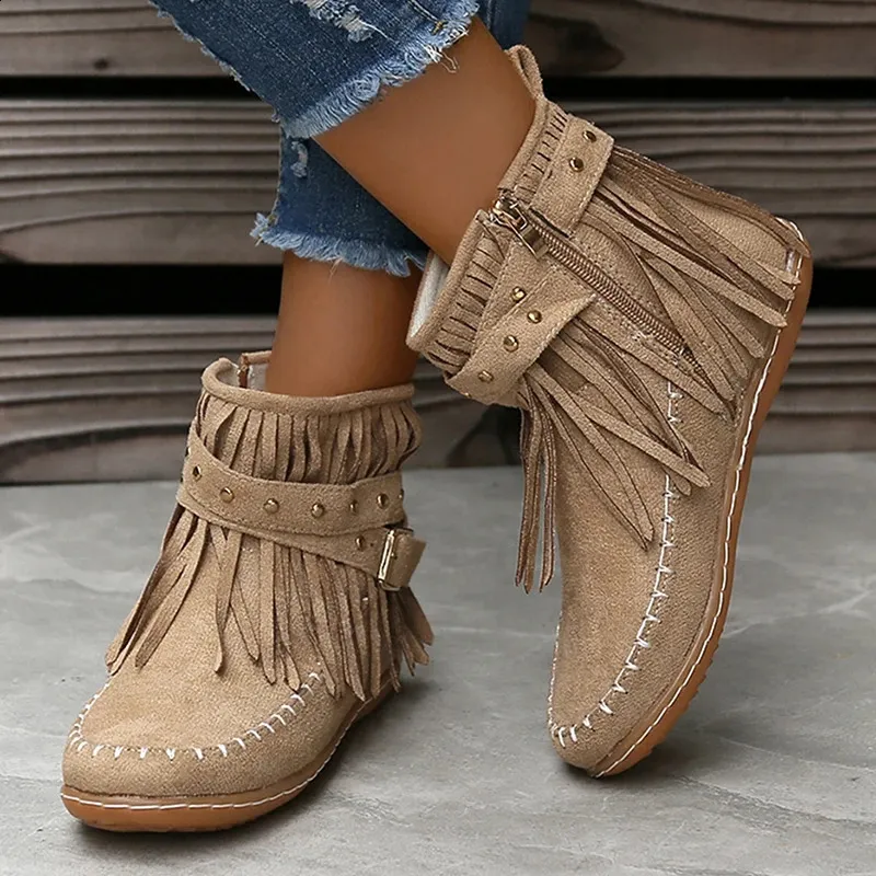 Bohemian Style Tassels Ankle Boots Women Retro Faux Suede Buckle Strap ...
