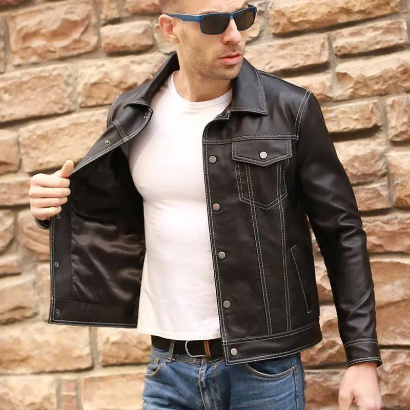 Men's Slim Fit Black Sheepskin Leather Jacket with Lapel and Pocket ...