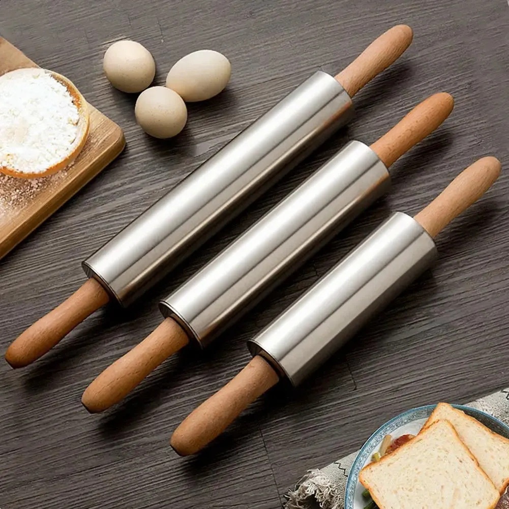 Stainless Steel Dough Roller Set - Wooden Handle, Pastry & Pizza Making ...