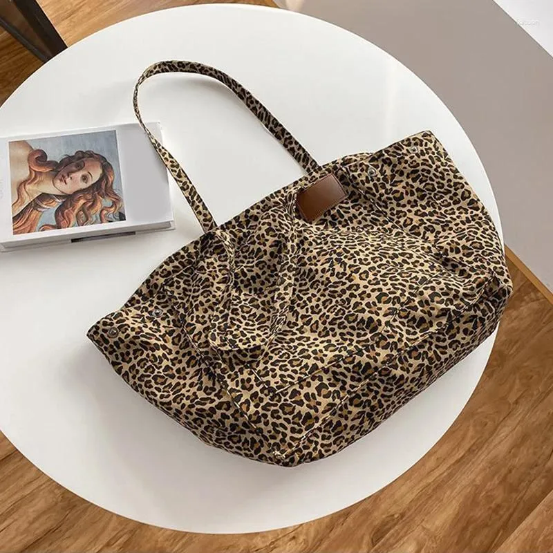 Large Capacity Canvas Tote - Elegant Leopard Print Drawstring Shoulder ...