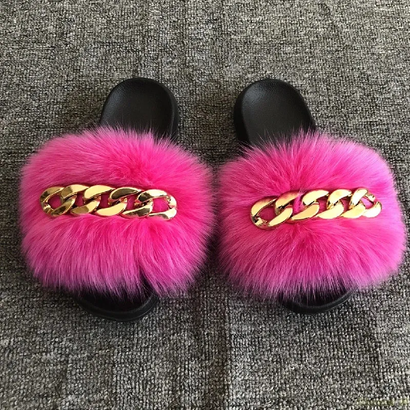 Fluffy Flip Flops Real Fox Raccoon Fur Slippers Golden Chain Furry Fur ...