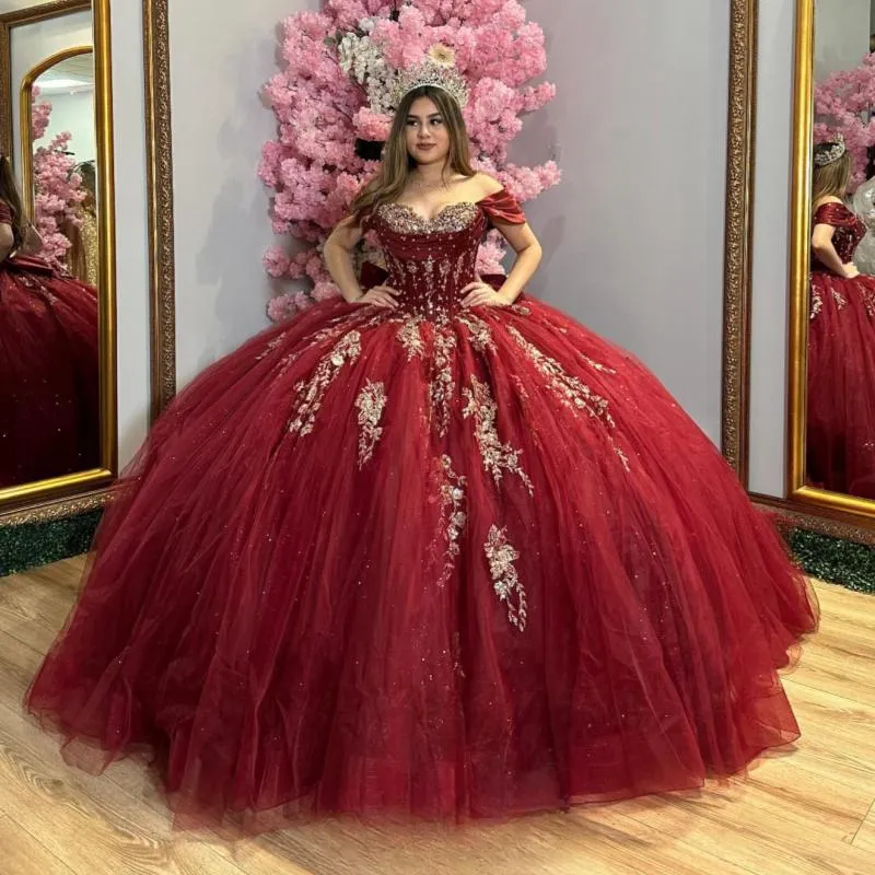 Off Shoulder Red Princess Ball Gown With Beaded Appliques, Lace ...