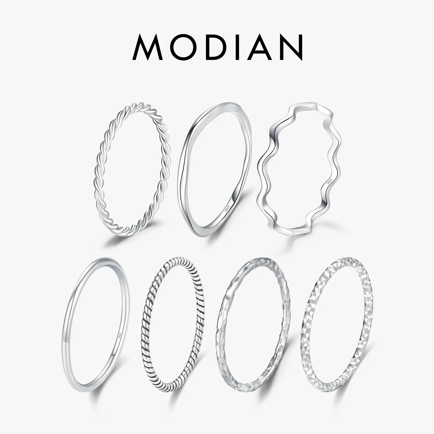 MODIAN 925 Sterling Silver Stackable Horn Ring Classic Wave Geometric ...
