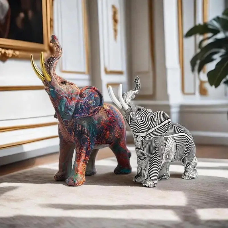 Resin Colorful Printed Elephant Figurines Modern Art Ornaments Animal ...